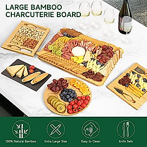 Bamboo Cheese Board Set with Marble, Large Charcuterie Boards and Knife Set, Cheese Platter with 2 Drawers, Include Round Fruit Cheese Platter, Meat and Cheese Cutting Board Housewarming Gift