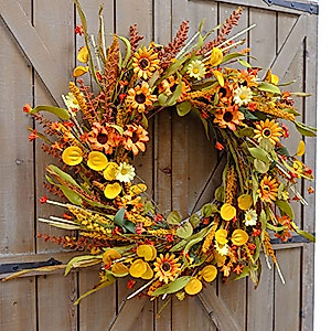 idyllic 20 Inches Harvest Wreath, Yellow and Orange Daisies Flowers, Ear of Wheat, Green and Spring Leaves Wreath for Front Door