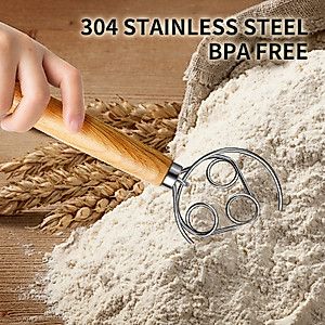 TEEVEA Danish Dough Whisk Stainless Steel Hook Dutch Style Bread Dough Hand Mixer Wooden Handle for Sourdough Making Baking Whisking Tools and Supplies