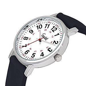Speidel Original Scrub Watch™ Nurses Doctors Medical Professionals Students Men Women Easy Read Dial Military Time Red Second Hand Silicone Band Water Resistant-Black