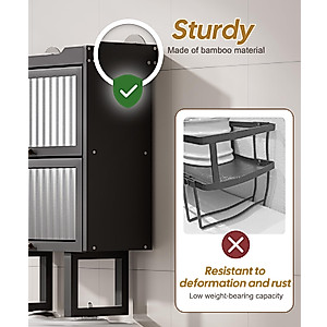 Cozivolife Over The Toilet Storage Cabinet,Bamboo Bathroom Organizer Rack with Lid and 2 Hooks,Space Saver Shelf for Bathroom,No Drilling Design Wall Mounted (Black, L)