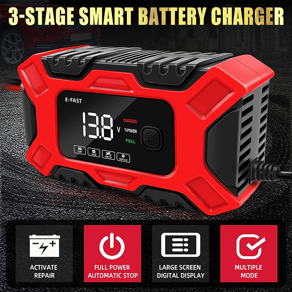 SinoTrack Car Battery Charger 6-Amp, 12V Smart Fully Automatic Battery Charger Maintainer Trickle Charger for Car Truck Motorcycle Lawn Mower Boat Marine Lead Acid Batteries 12 Volt