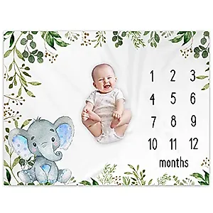 Yuzioey Baby Monthly Milestone Blanket Elephant, Safari Elephant Baby Photo Blanket, Gift for New Moms Baby Shower, Watch Me Grow Baby Boy Greenery Elephant Nursery Décor, Includes Marker (50"x40")