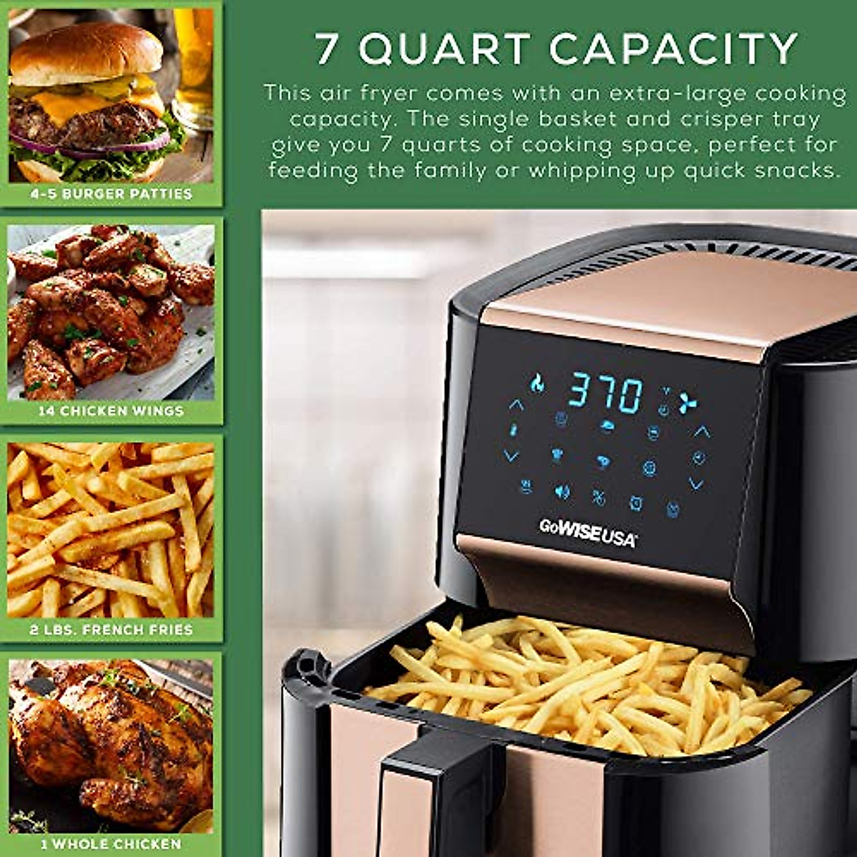 GoWISE USA 7-Quart Air Fryer & Dehydrator - with Ergonomic Touchscreen Display with Stackable Dehydrating Racks with Preheat & Broil Functions + 100 Recipes (Black/Copper))
