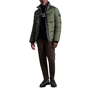 Karl Lagerfeld Paris Men's Quilted Zip Out Hood Puffer Jacket, Olive, Large