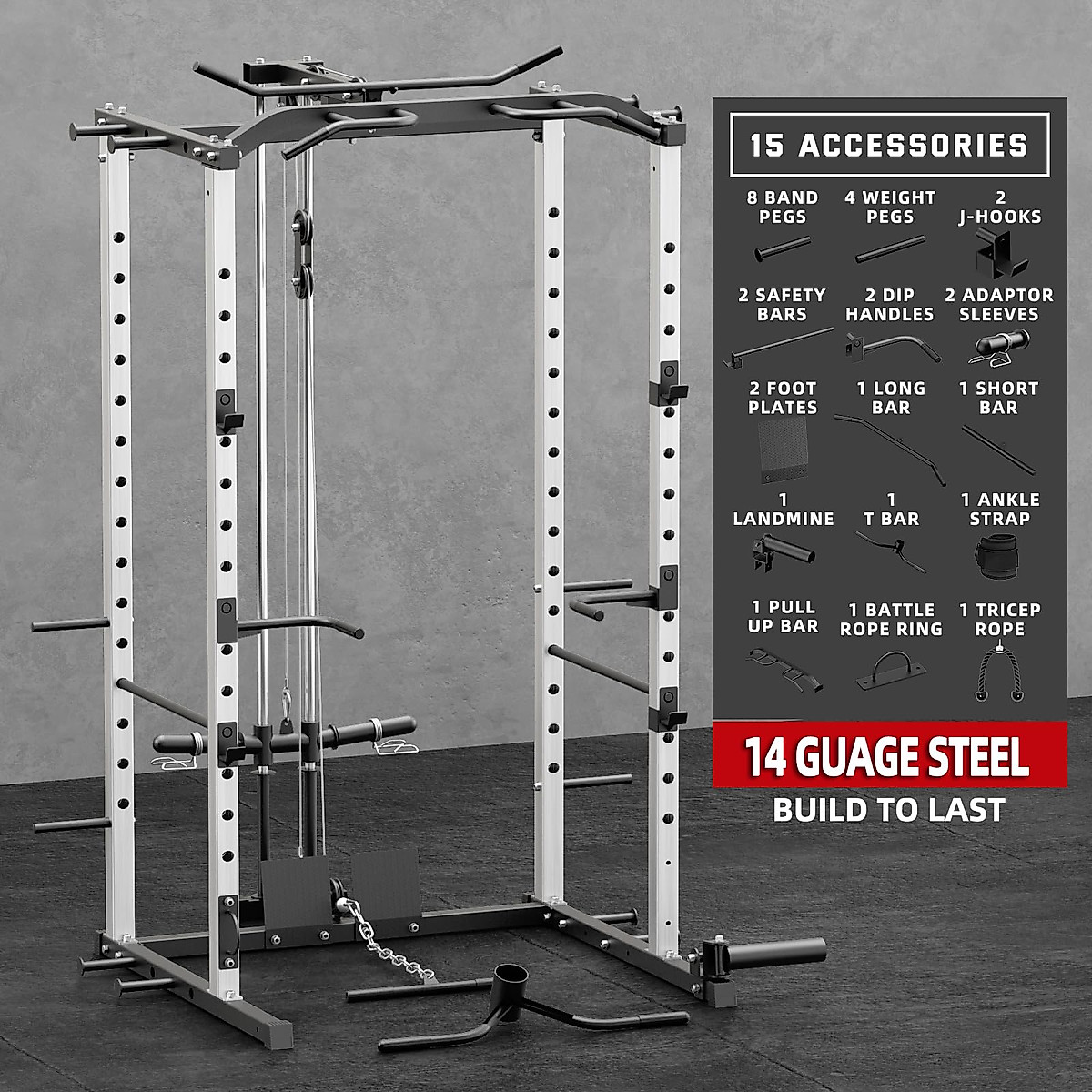 VANSWE Power Cage with LAT Pulldown Attachment, 1200-Pound Capacity Power Rack Full Home Gym Equipment with Multi-Grip Pull-up Bar, Landmine, T bar and Dip Handle