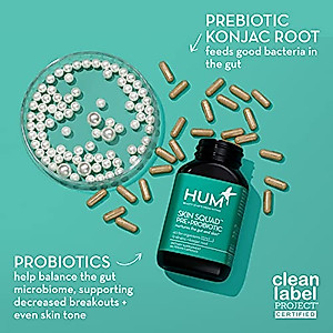 HUM Skin Squad - Vegan Clear Skin Gut Probiotic Supplement - Prebiotic Konjac Root & 9 Strain Probiotic Blend for a Healthy Gut Microbiome, Decreased Breakouts & Glowing Even Skin Tone (60 Capsules)