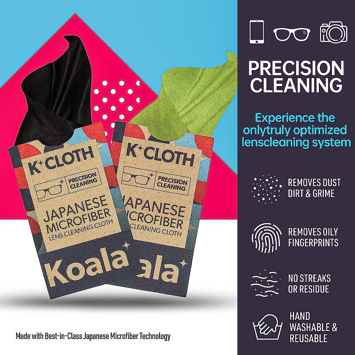 Koala Lens Cleaning Cloth | Japanese Microfiber | Glasses Cleaning Cloths | Eyeglass Lens Cleaner | Eyeglasses, Camera Lens, VR/AR Headset, and Screen Cleaning | Black & Green (Pack of 2)