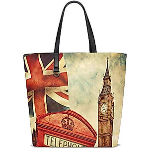 VVIEER Vintage Handbag Leather Tote Bag Purse British Flag Big Ben London for Womens, Image 912, 12inch x 4.7inch x 13.6inch