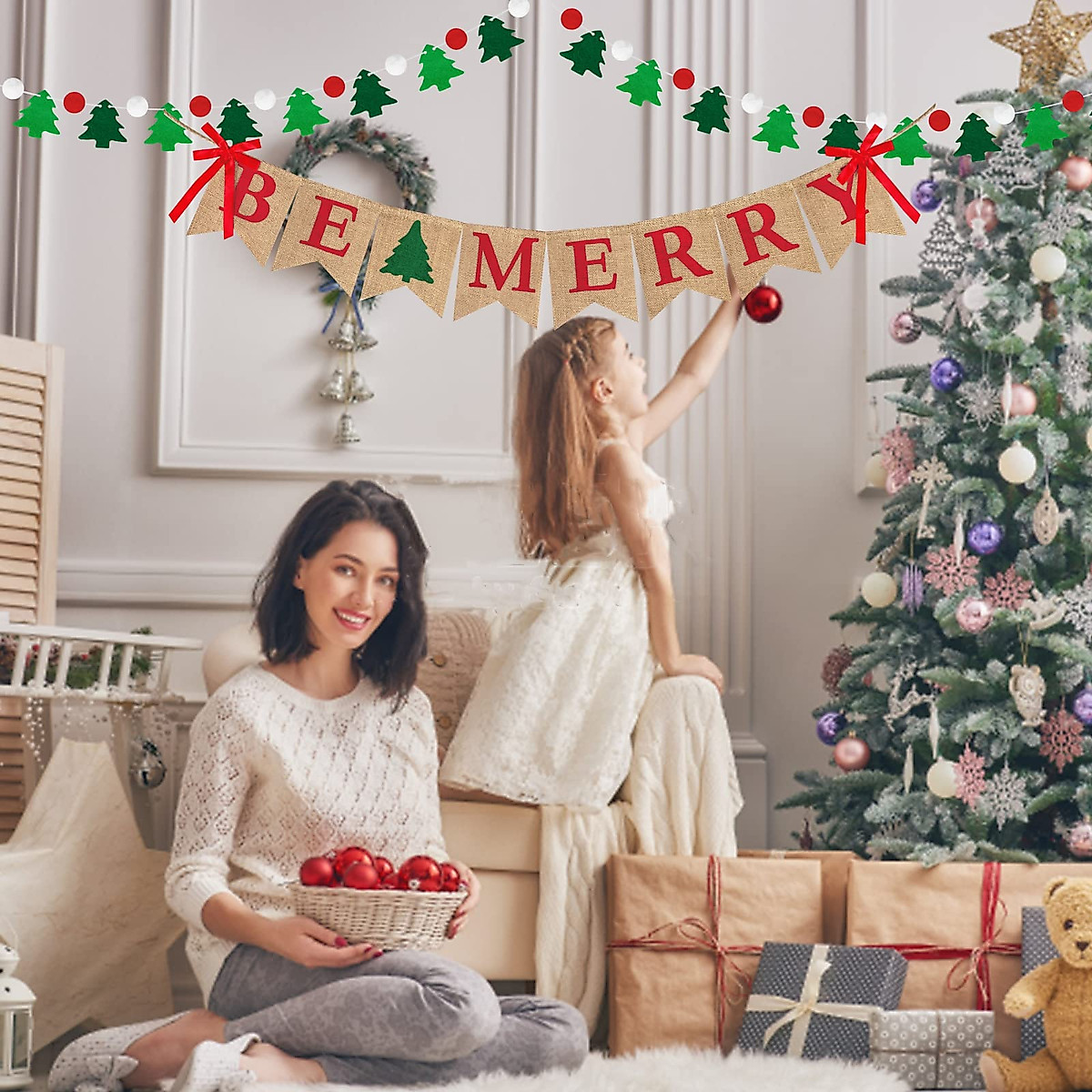 2Pcs Merry Christmas Banner, Be Merry Burlap Banner Felt Ball Christmas Tree Pom Pom Garland Happy Holidays Banner for Mantle Fireplace Christmas Xmas Party Holiday Decorations Home Outdoor Indoor