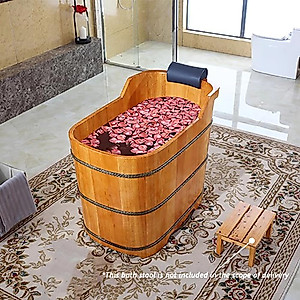MegLob Free-Standing Wooden Bathtub Kit, Solid Wood Alone Stand Bathtub with Pop-Up Drain, Traditional Japanese SPA Deep Soaking Bath, with Insulated Wooden Lid & Tub Chair,Oak 110cm/43.31"