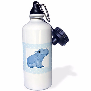 3dRose "Cute Baby Blue Hippo On Blue Dotted Back" Sports Water Bottle, 21 oz, White