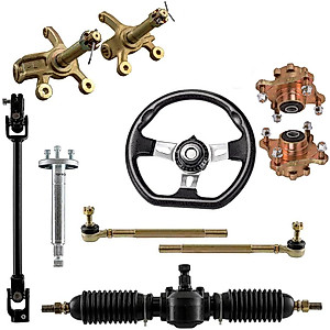 YC Yier Front Steering Wheel Tie Rod Kit Gear Rack Pinion Shaft & 4 Stud Wheel Hub Steering Spindle Knuckle DIY Parts for Go Kart Go Cart Golf Cart ATV UTV Buggy Drift Trike 4 Wheeler Dolly Cart
