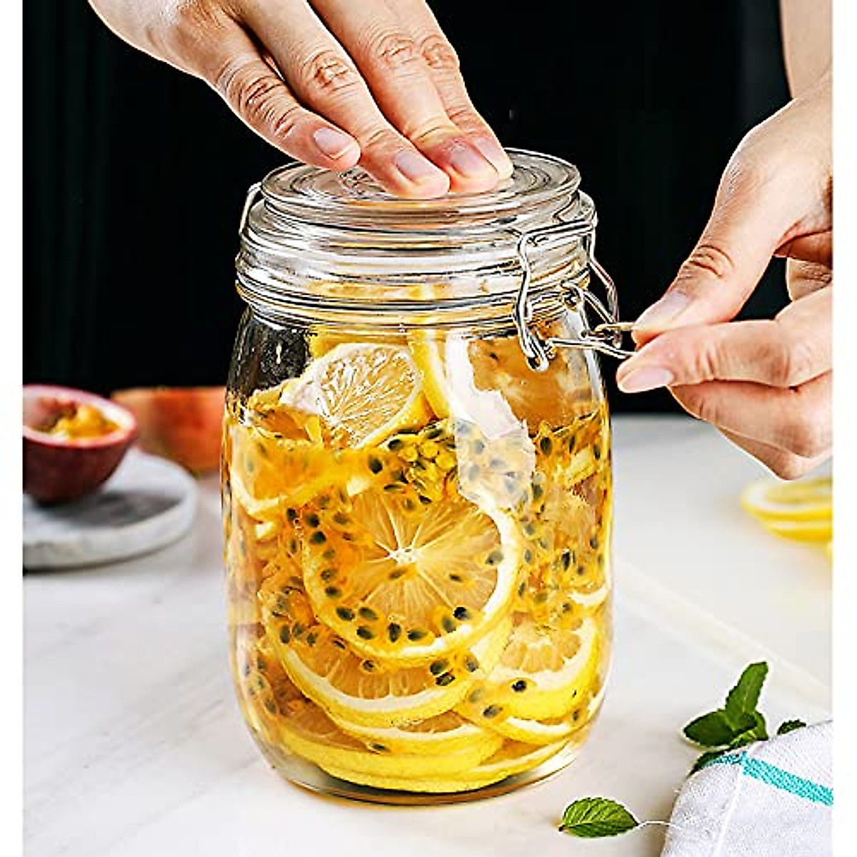 BPFY 4 Pack 32 oz Glass Jars With Airtight Lids And Leak Proof Rubber Gasket, Wide Mouth Mason Jars with Hinged Lids for Food Storage, Cereal, Pasta, Sugar, Beans, Pickle Jars, Kitchen Canisters