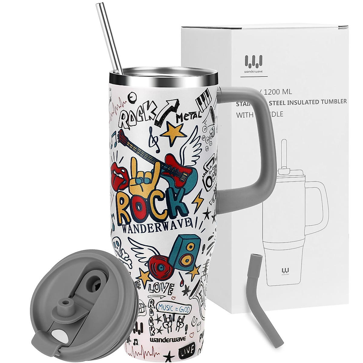 40 oz Insulated Tumbler with Handle, Stainless Steel Straw and silicone sleeves, Leakproof Travel Mug for Water, Iced Tea or Coffee, Insulated Cup Gifts for Women & Men, Music Pattern