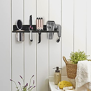 DORAMII Bathroom Wall Mount Hair Dryer Holder Hair Care & Styling Tool Organizer, Farmhouse Wooden Beauty Hair Appliance Holder for Flat Iron, Curling Wand, Hair Straighteners, Brushes,Black
