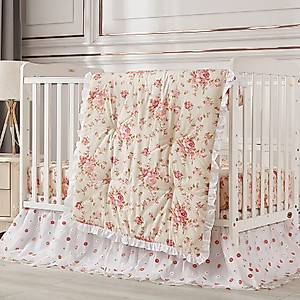 Brandream Crib Bedding Sets for Girls Baby Nursery Bedding Set Crib Comforter Set 100% Cotton - 6Pcs, Beige Farmhouse Country Flower Botanical Blossom Style Lace Crib Bed Skirt Set