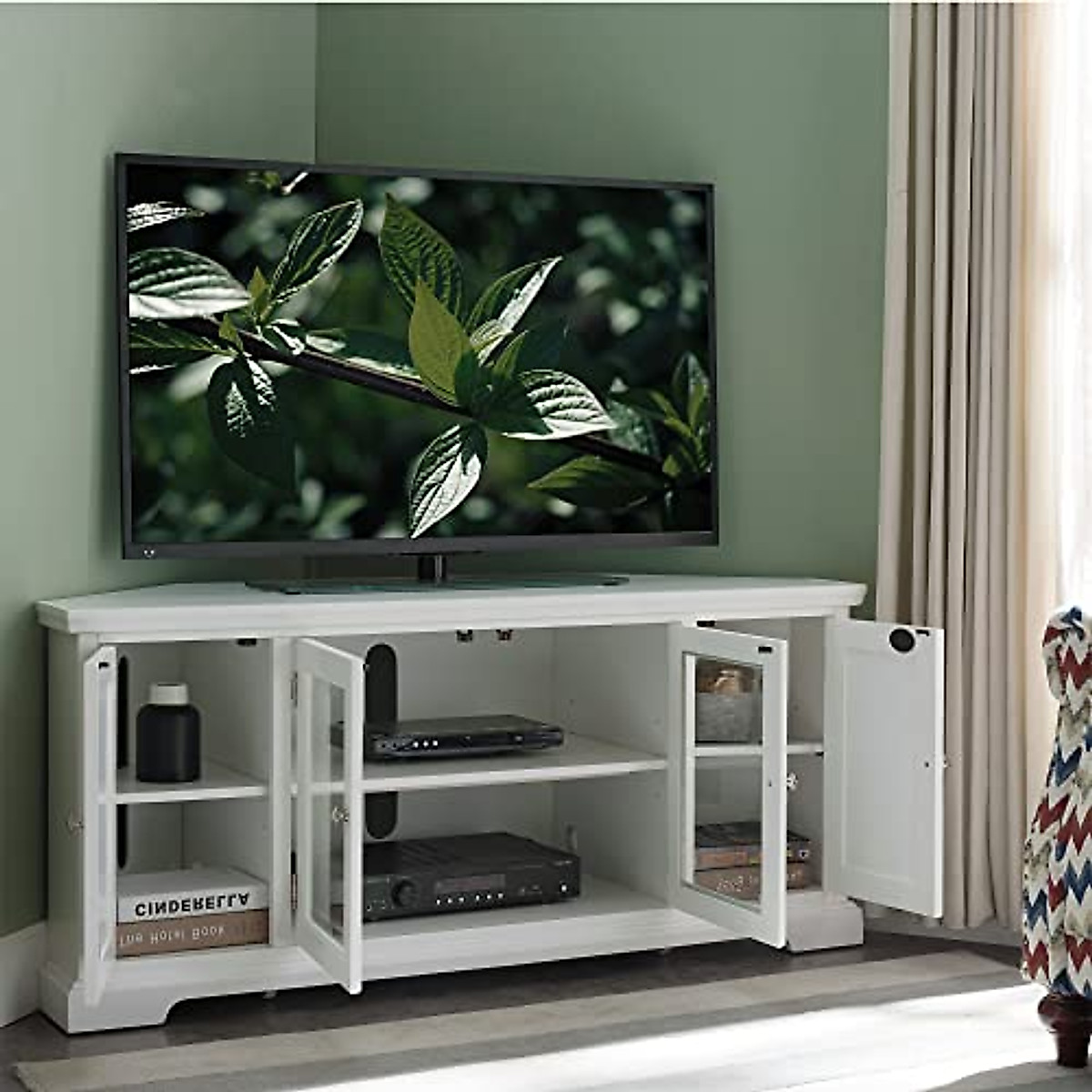 Leick Home Mateo Solid Wood Corner TV Stand for TVs up to 65", 4 Door Entertainment Center, White, Living Room Storage, 85386