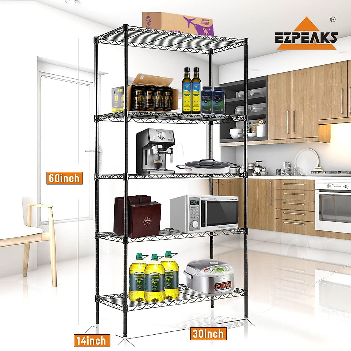 EZPEAKS 2-Pack 5-Shelf Shelving Unit with 5-Shelf Liners, Adjustable, Steel Wire Shelves, 150lbs Loading Capacity Per Shelf, Shelving Units and Storage for Kitchen and Garage (30W x 14D x 60H)