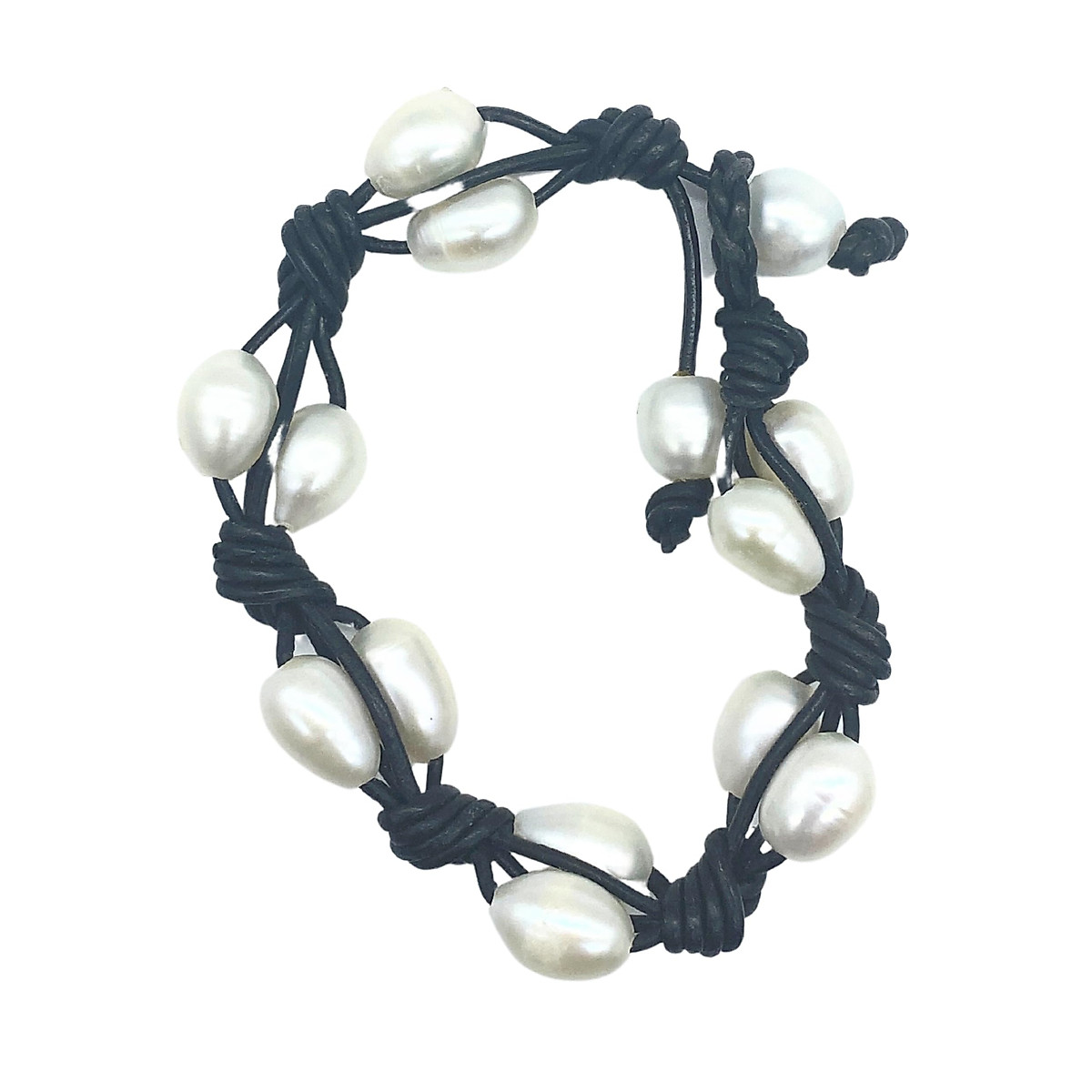 White Pearl on Black Leather Cord Necklace, Bracelet, Earring Set