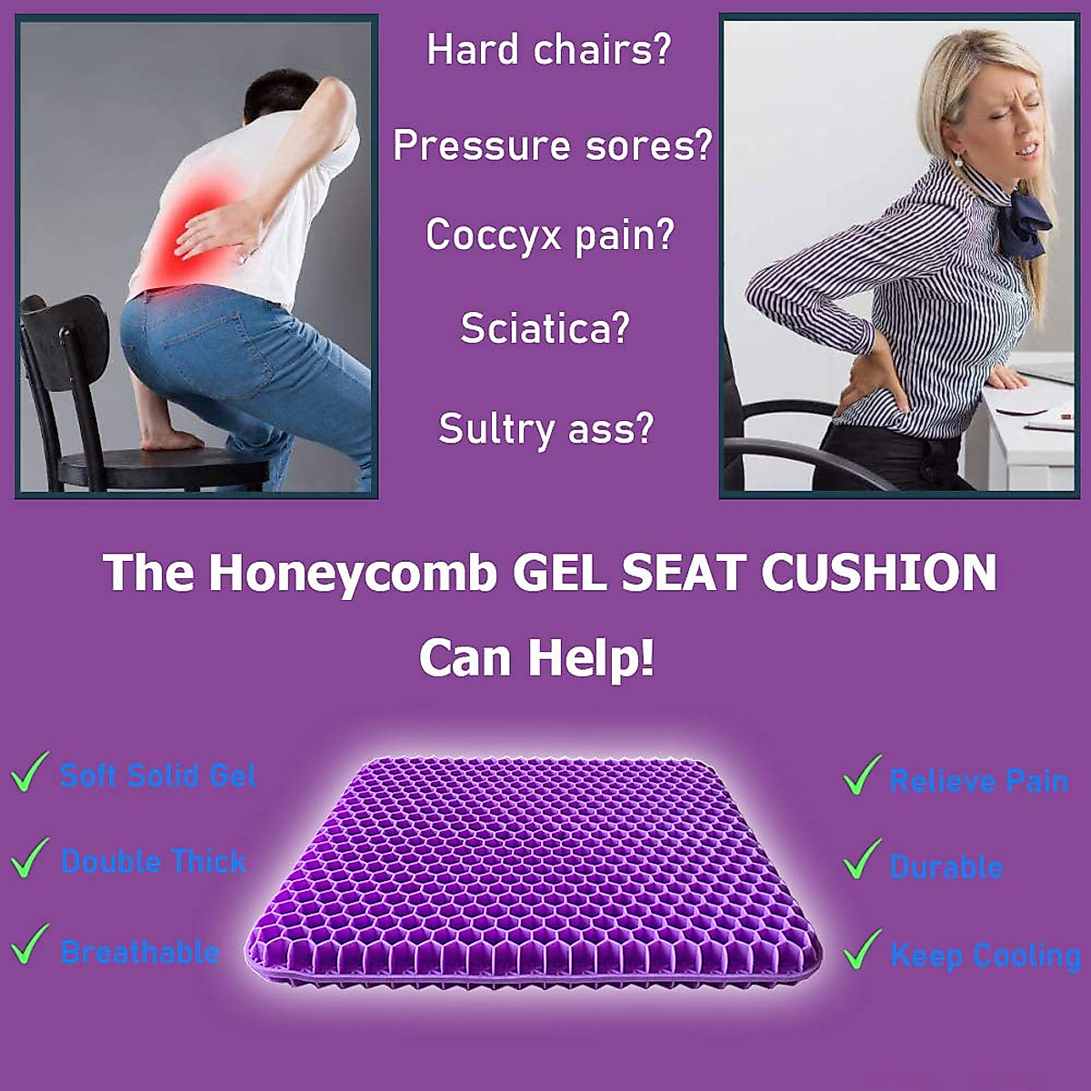 Gel Seat Cushion, Double Thick Gel Cushion for Long Sitting with Non-Slip Cover, Breathable Honeycomb Chair Pads Absorbs Pressure Points for Wheelchair Car Seat Home Office Chairs (16.5x14.5x1.6inch)