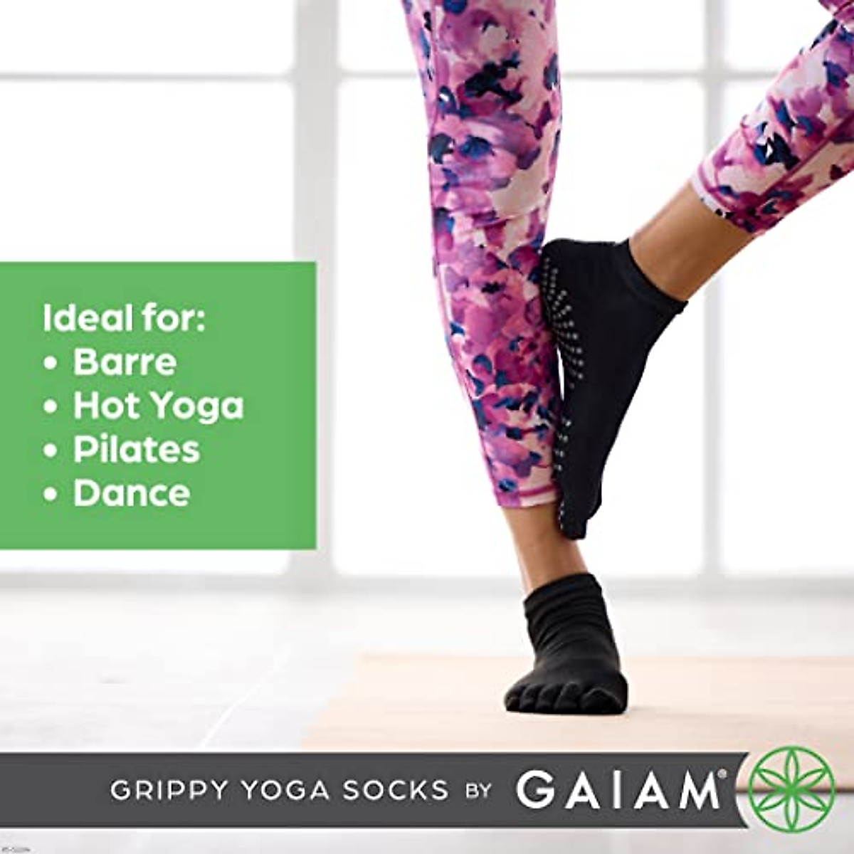 Gaiam Yoga Socks - Grippy Non Slip Sticky Toe Grip Accessories for Women & Men - Hot Yoga, Barre, Pilates, Ballet, Dance, Home - Grey, Small/Medium