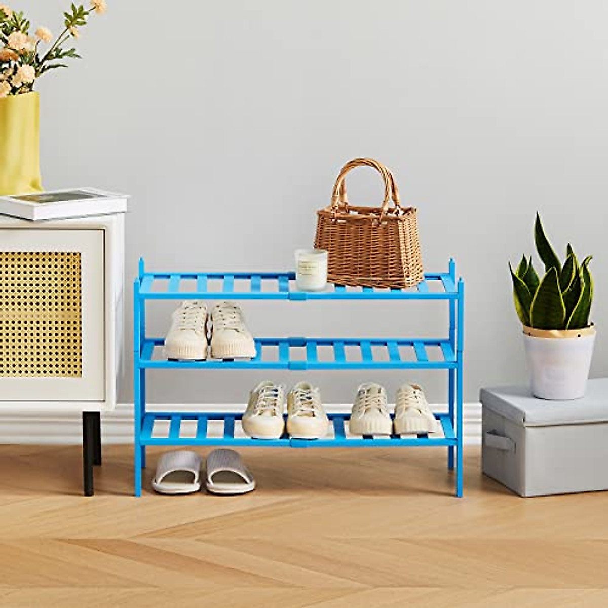 Quiqear Bamboo Shoe Rack, 3 Tier Shoe Rack Organizer, Stackable & Durable Shoe Shelf Holder, Free Standing Shoe Racks, Shoe Storage Organizer for Entryway, Closet, Hallway, 27.2*11*18.3inch (Blue)