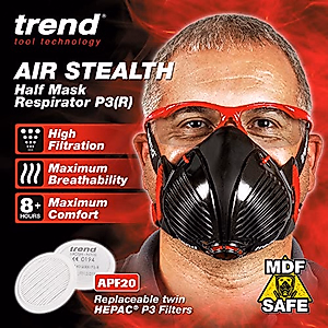 Trend Air Stealth Dust Mask, Half Mask with Replaceable Twin HEPAC Filters for Woodworking, Building & Construction Work, Medium/Large, STEALTH/ML