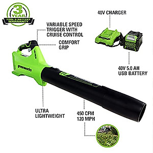 Greenworks 40V 21-Inch Self-Propelled Mower/Axial Blower Combo Kit, 5Ah USB Battery and Charger Included, CK40L510