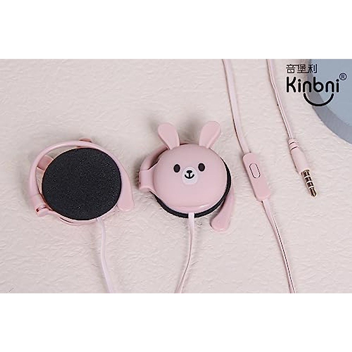 QearFun Bunny Earbuds for Kids with Ear Hooks, Kawakii Wired Over Ear Headphones Earphones Gifts for School Girls and Boys with Microphone & Ear Loops Pink