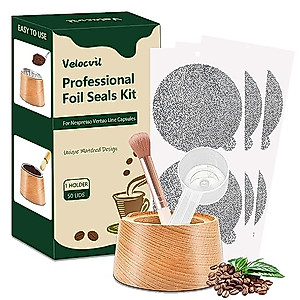 Velocvil Aluminum Foil Lids Kit for Reusable Nespresso Pods, Aluminum Foil Seals with Holder, Brush and Scoop for refillable Nespresso Capsules VertuoLine Coffee Pods
