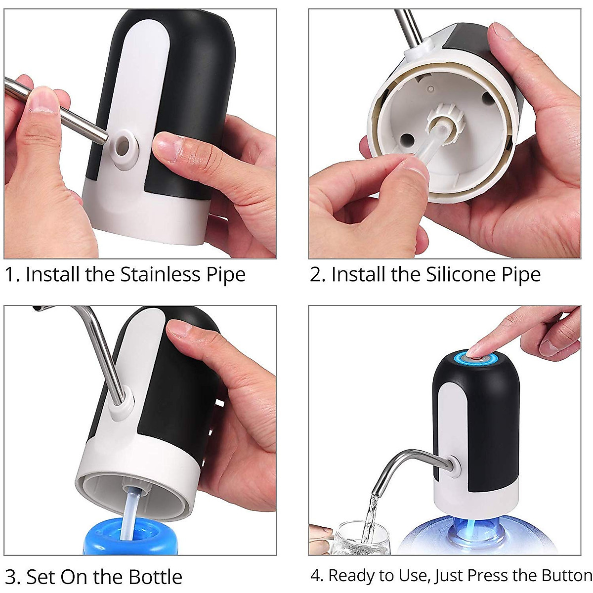 CHIVENIDO 5 Gallon Water Dispenser - Water Bottle Pump with Reusable Caps for Screw Top or Crown Tops, USB Charging Water Jug Dispenser for Universal 2-5 Gallon Bottle