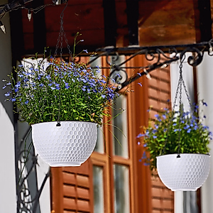 Gejoy 4 Pieces Self Watering Hanging Planter for Outdoor Indoor Plants 8 Inch Plastic Plant Hanger with Drain Hole and Chain Flower Plant Pot Hanging Basket Garden Planters and Pot, White