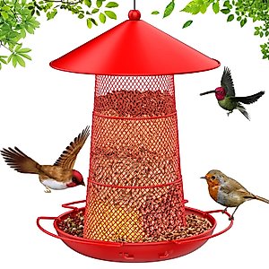 Gaprass Bird Feeder, 3 Tier Retractable Metal Bird Feeders for Outside Hanging, 6.6 Lbs Large Capacity with 3 Perches, Squirrel-Proof Bird Feeder for 360°Feeding Area for Wild Birds (Red)