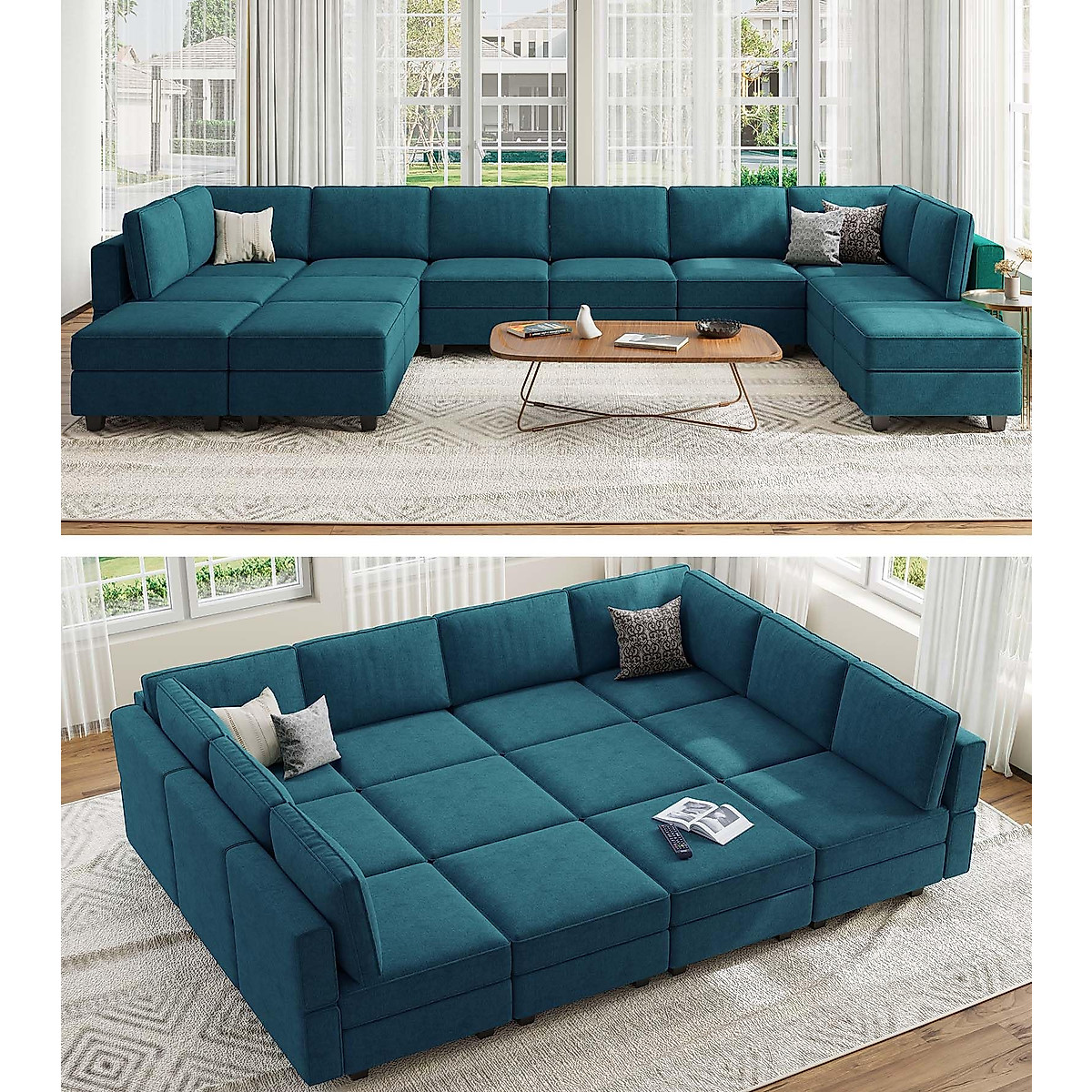 Belffin Terry Fabric Oversized U Shaped Sectional Sofa with Chaise Modular Sectional Sofa Couch for Living Room Convertible Sleeper Bed. Peacock Blue Couch