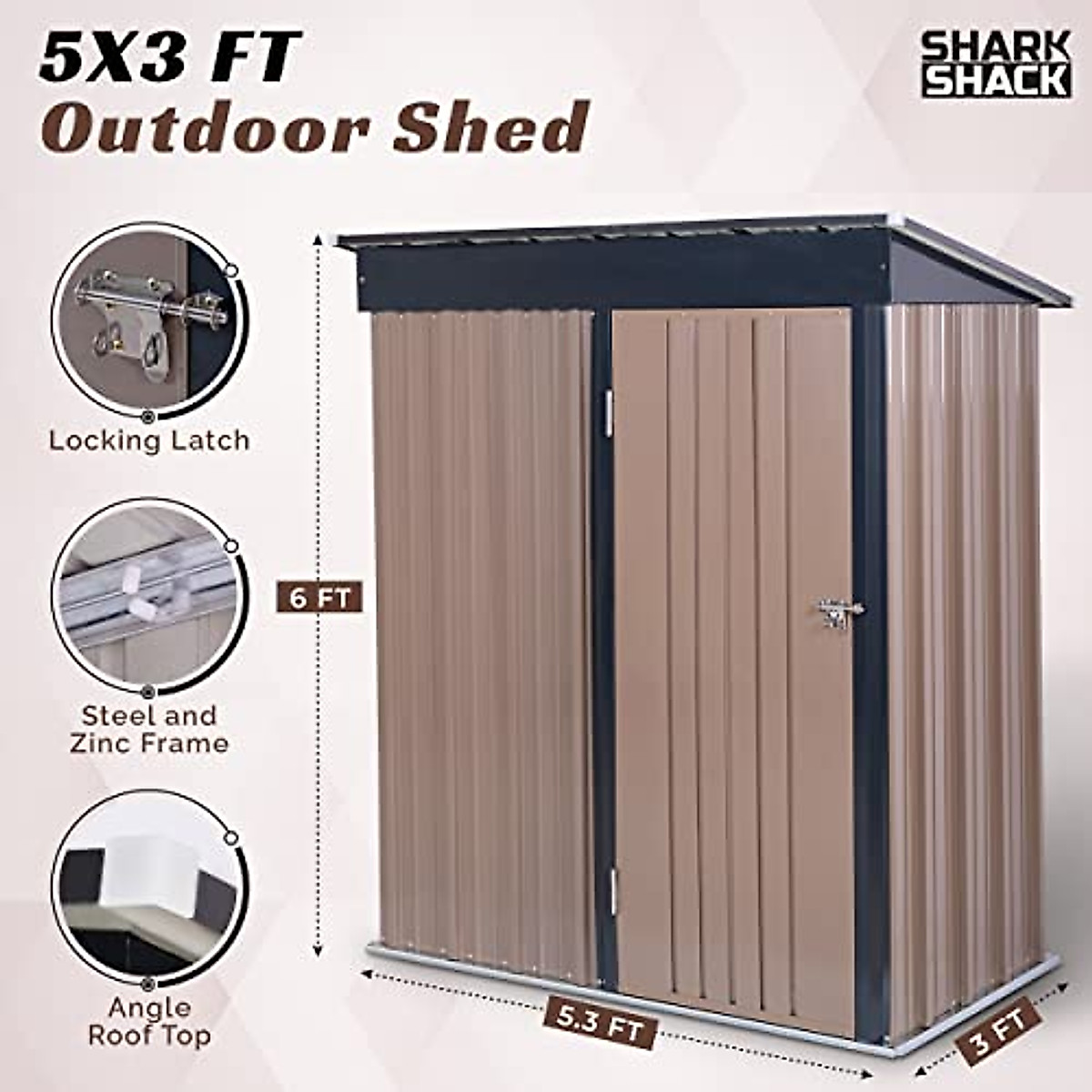 Shark Shack Outdoor Storage Shed | 6x5.3x3 ft Outdoor Shed with 2 Adjustable Shelves | Anti-Rust Steel Garden Shed | Sheds & Outdoor storage clearance for Garden Tools and Lawnmower - Black/Grey