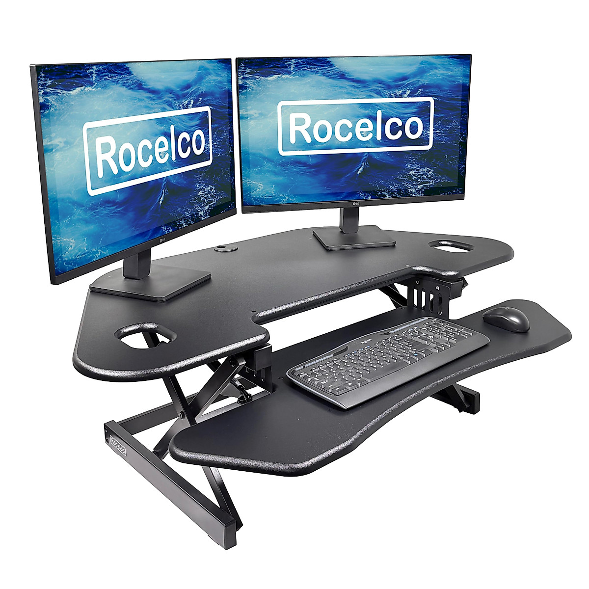 Rocelco 46" Height Adjustable Corner Standing Desk Converter, Quick Sit Standup Dual Monitor Riser, Gas Spring Assist Tabletop Computer Workstation, Large Keyboard Tray, (R CADRB-46), Black