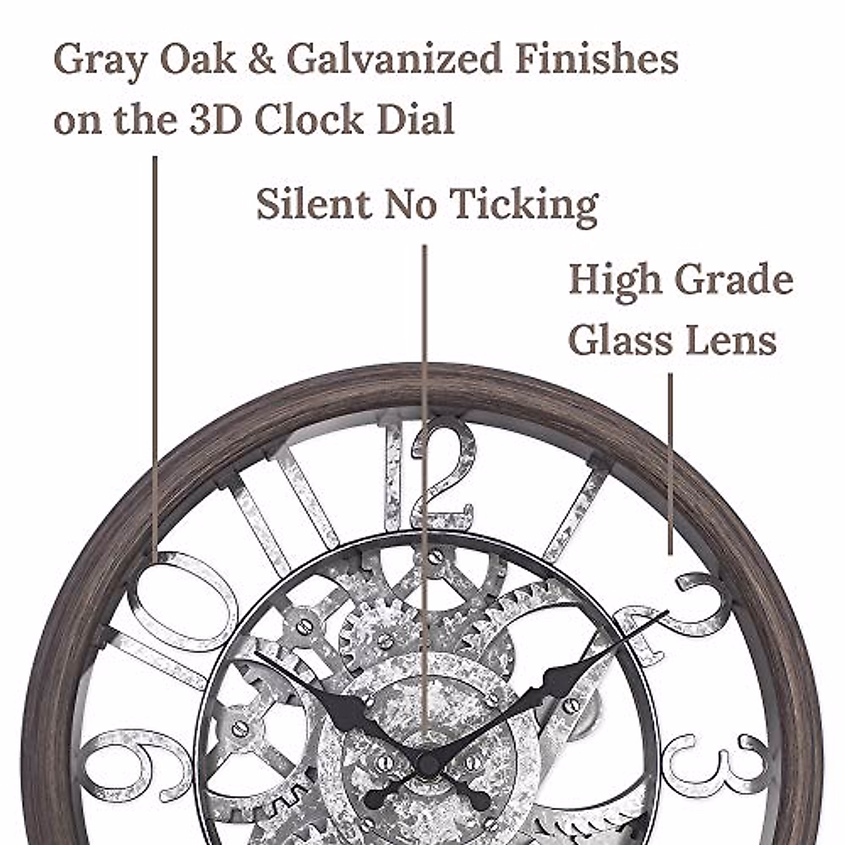 PresenTime & Co 12" Farmhouse Gear Clock, Silent no Ticking, Indoor/Outdoor Clock, Weatherproof, Grey Oak and Galvanized Finish. Wall Décor/Outdoor Décor for Living Room, Kitchen, Garden, and Patio.
