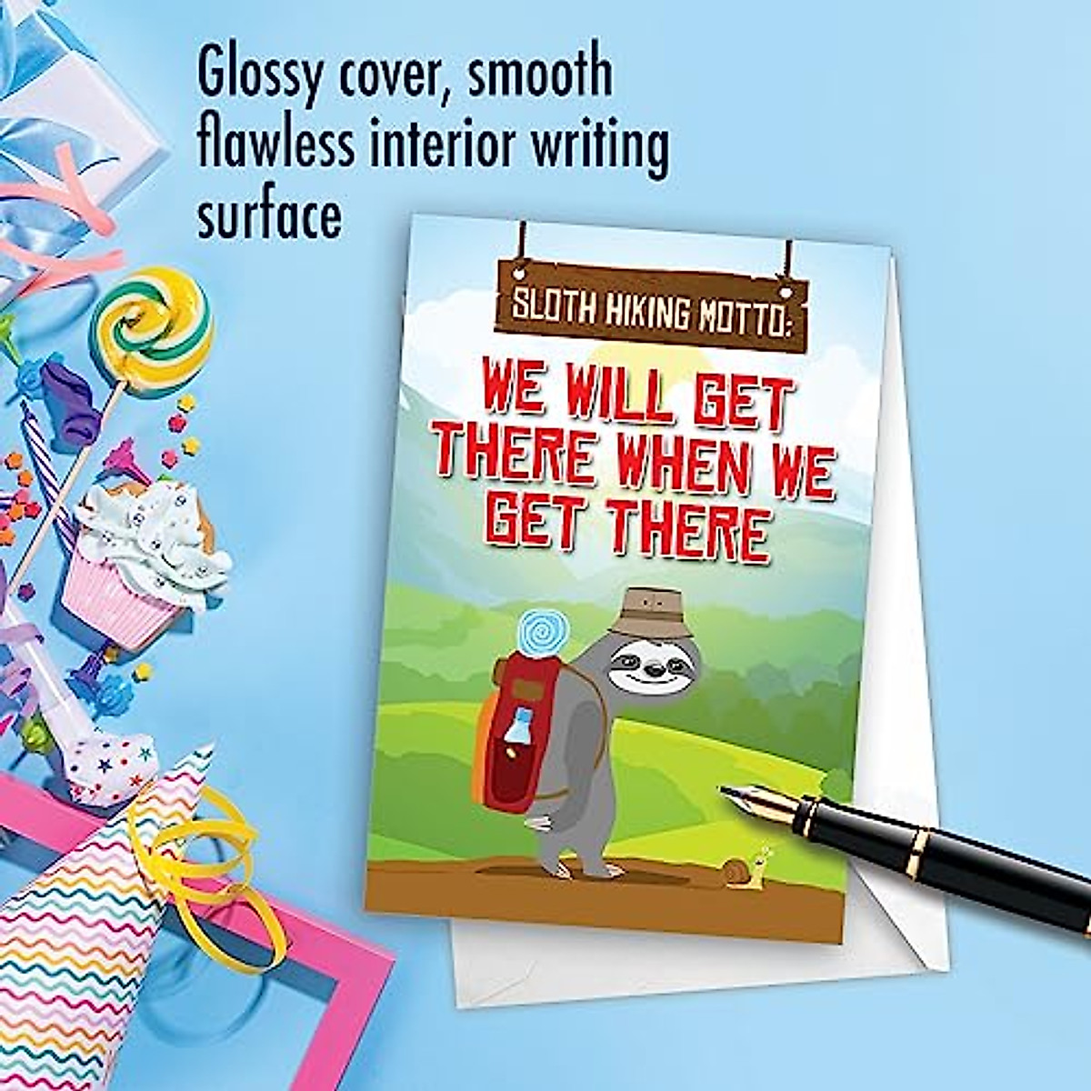 NobleWorks - 1 Cute Birthday Card with Envelope - Funny Wild Animals and Pets, Birthday Greeting - Sloth Hiking C7234BEG