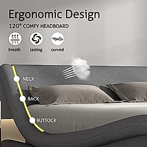 SHA CERLIN Queen Size Bed Frame Luxury Wave-Like Modern Upholstered Low Profile Platform Bed, Linen Sleigh Bed with Adjustable Headboard, No Box Spring Needed, Grey