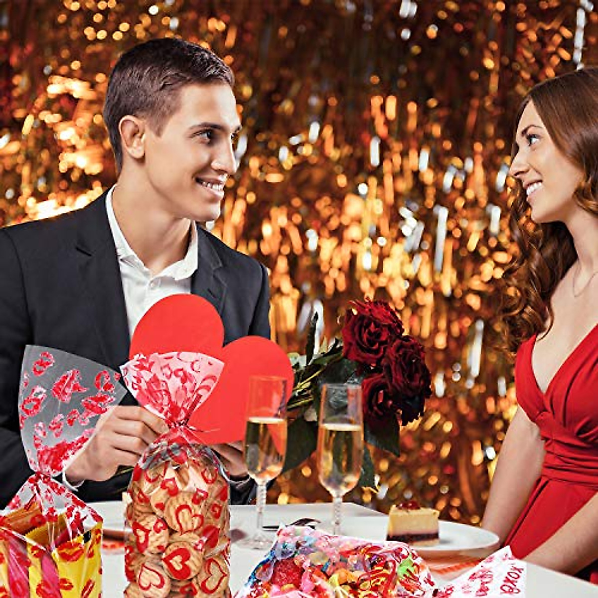 120 Pieces Valentine Cellophane Bags Valentine Gift Bags Valentine Treat Bags Goodies Bags with 150 Pieces Twist Ties for Valentine Party Favor Supplies