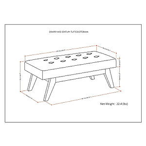 SIMPLIHOME Draper 40 inch Wide Mid Century Modern Rectangle Tufted Ottoman Bench in Ash Blonde Faux Leather, for Living Room, Bedroom