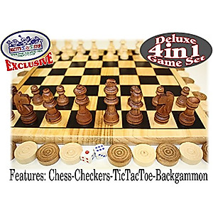 Matty's Toy Stop Deluxe 4-in-1 Reversible Chess, Checkers, Tic Tac Toe & Backgammon Wooden Board Game Set