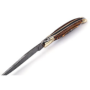 Damascus steel folding knife with leather sheath, 8.5 inches long laguiole pocket knife with 4 inches long Damascus steel Blade, 4.5 inches multi color wood scale with Brass bolster and pommel, Leather sheath included (Yellow Black)