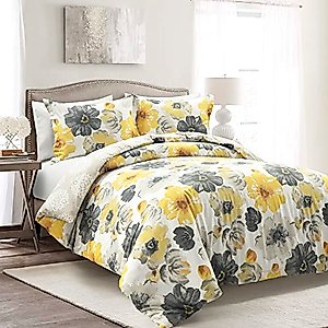 Lush Decor Leah Reversible 100% Cotton Duvet Cover Set, 3 Piece Set, Full/ Queen, Yellow & Gray - Charming Floral Bedding Set - Large Blooming Watercolor Flowers