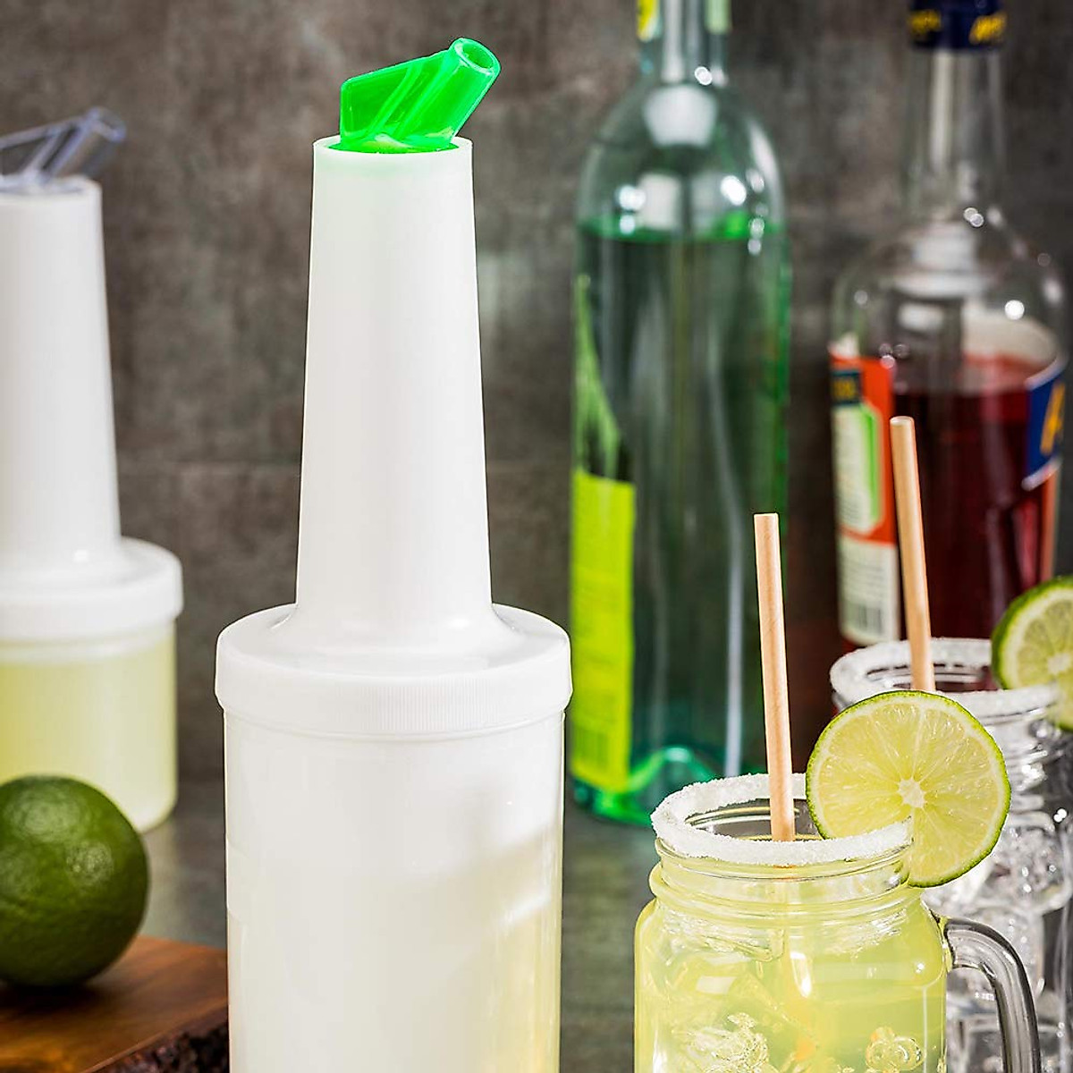 Restaurantware 1 qt Plastic Quick Pour Storage Container Bottle - with Green Spout and Lid - Bar Storage Bottle - 3 1/2" x 3 1/2" x 13" - 1ct Box - Bar Lux