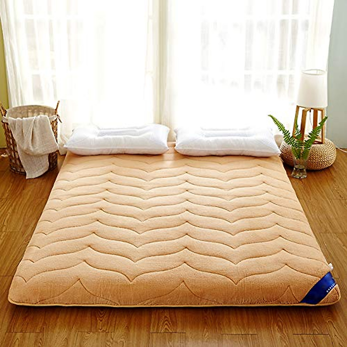 Japanese Quilting Mattresses, Thicken Plush Tatami Mattress Foldable Floor Mat, Lamb Velvet Sleeping Pad Student Dorm Bedroom-Light Tan King: 180x200cm