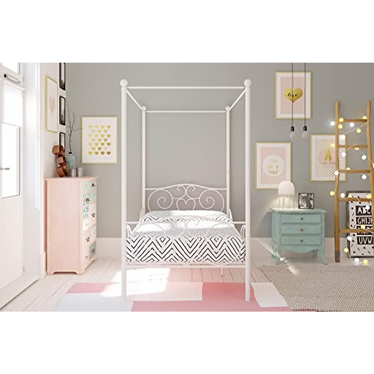 DHP Metal Canopy Kids Platform Bed with Four Poster Design, Scrollwork Headboard and Footboard, Underbed Storage Space, No Box Sring Needed, Twin, White
