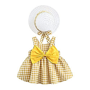 Little Girls Party Summer Tutu Dresses Bowknot Flower Dress with Straw Hat Princess Birthday Party Outfits Sundress Playwear Sandy Beach wear Photo Shoot Suit Yellow 18-24 Months
