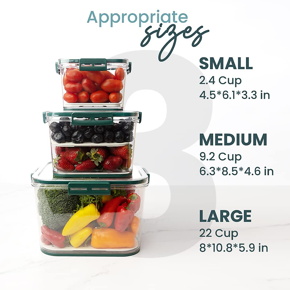 DMagazi Fruit Storage Containers for Fridge | 3 Set Fruit and Vegetable Storage Containers for Organizing with Strainer | Stackable Food Storage Containers With Lids Airtight